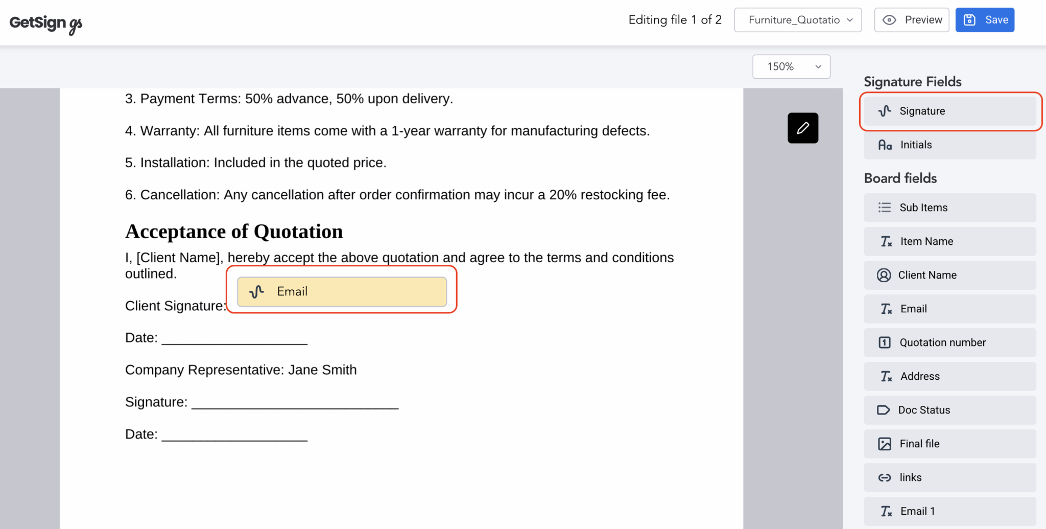 Generate a document signing link and collect signatures